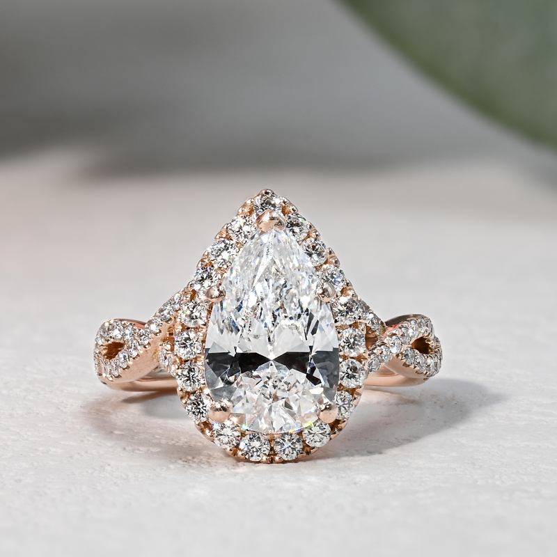 Rose Gold Twist Halo 2-1/2ct Pear